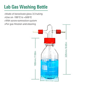 ALWSCI Lab Gas Washing Bottle Glass 500mL Graduated Lab Buffer Bottle, Drechsel Head GL45 with Filter disc Adjustable Immersion, 2 threads GL14 PBT Red Screw Cap, 1set