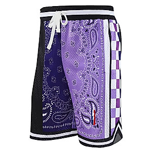 BOOMLEMON Men's Basketball Shorts Workout Athletic Paisley Shorts Mesh Print Running Short Pants(Patchwork Purple XS)