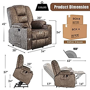 Power Lift Recliner Chair for Elderly Electric Massage Sofa with Heated Vibration,Side Pockets,Cup Holders, USB Ports,Massage Remote Control,Fabric Home Theater Seat Living Room Reclining Bed(Brown A)