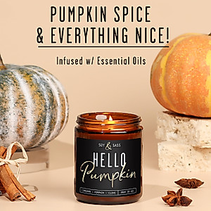 Pumpkin Spice Candle, Fall Candles - 'Hello Pumpkin' Pumpkin Candle, Autumn Scented Soy Candles for Home, Fall Scented Candles for Home, Fall Home Décor, 9oz Reusable Jar, 50Hr Burn, Made in USA