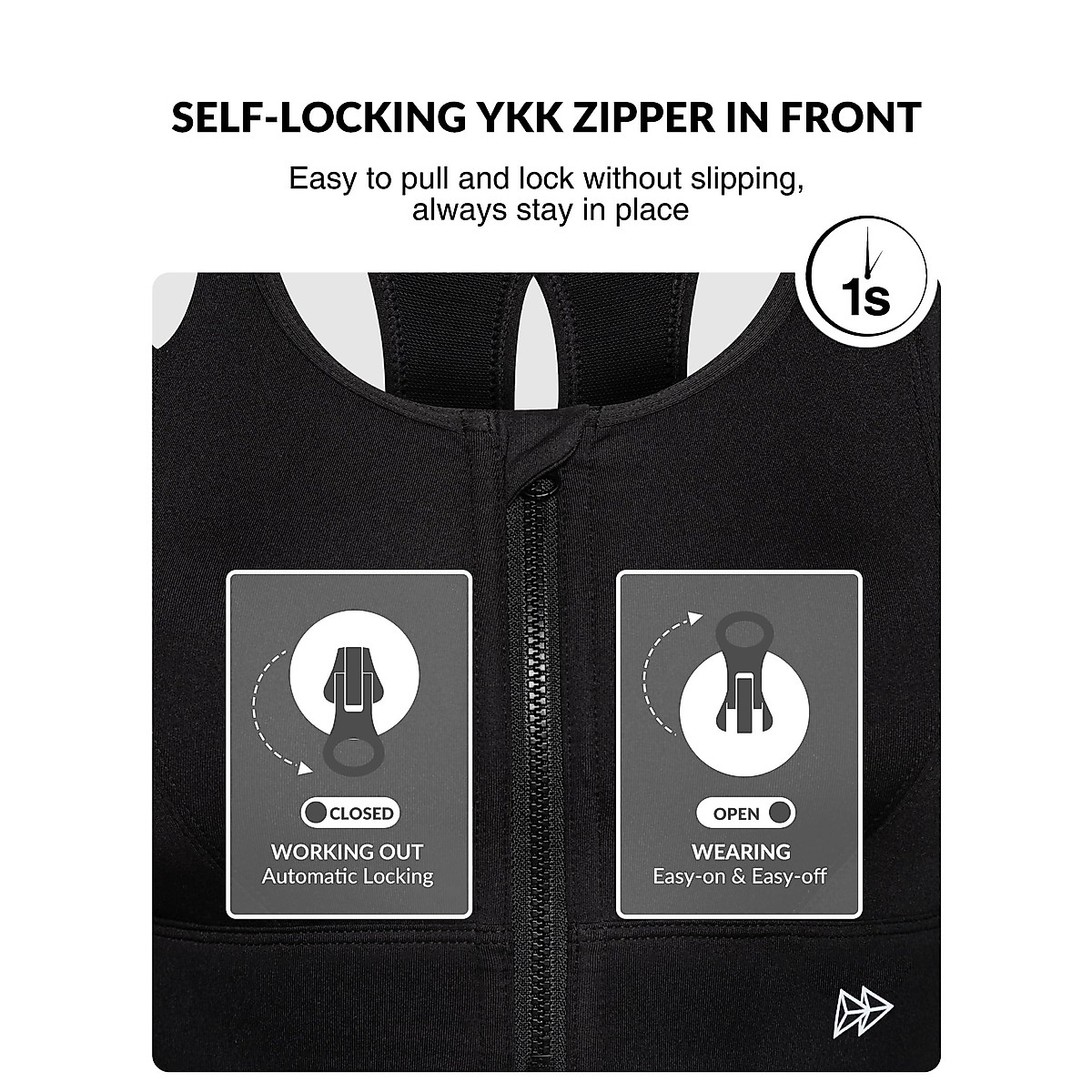 Yvette Womens Sports Bras High Impact Zip Front Sports Bra High Support Large Bust for Workout Running,Black,Large Plus