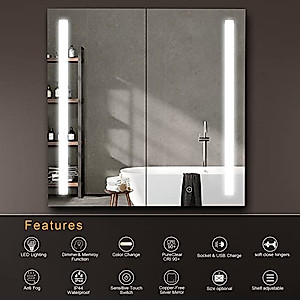 MAXTOR 30x30 Inch Recessed or Surface Mount Medicine Cabinets for Bathroom with Mirror and Lights Dimmable, Anti-Fog, 3 Adjustable Tempered Glass Shelves, Electrical Outlet&USB, 2 Mirrored Doors