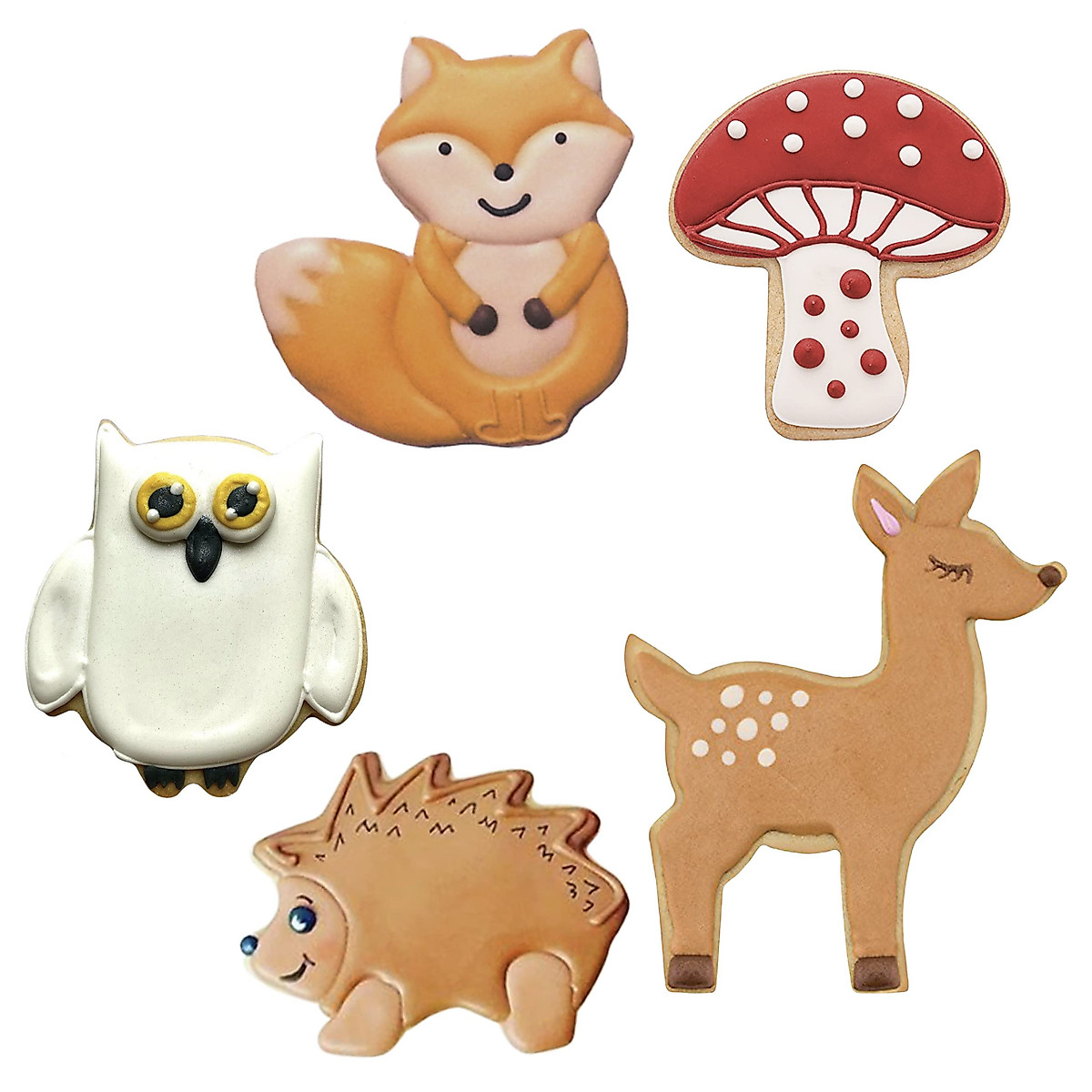 Woodland Cookie Cutters 5-Pc. Set Made in USA by Ann Clark, Fox, Deer, Owl, Hedgehog, Mushroom