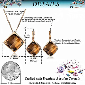 EVEVIC Square Austrian Crystal Necklace Earrings Set for Women 18K Gold Plated Jewelry Set (Brown)