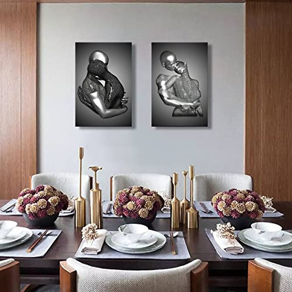 Framed 3 Pcs Love Heart 3d Wall Art Metal Sculpture Romantic Couple Hug Abstract Art Prints Posters Decor Grey Black and White Canvas Printsfor Bedroom Living Room Bathroom Hotel Valentine'S Day