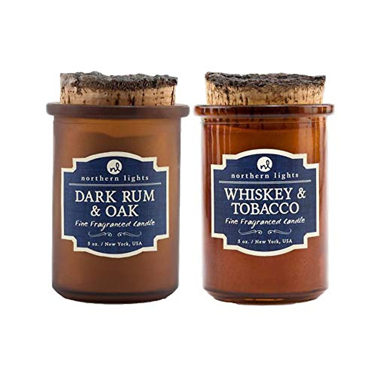 Northern Lights Fine Fragranced Aromatherapy Candle Spirit Jar Bundle Scented Candles Gifts for Women and Men — 2 x 5oz (Whiskey & Tobacco and Dark Rum & Oak)