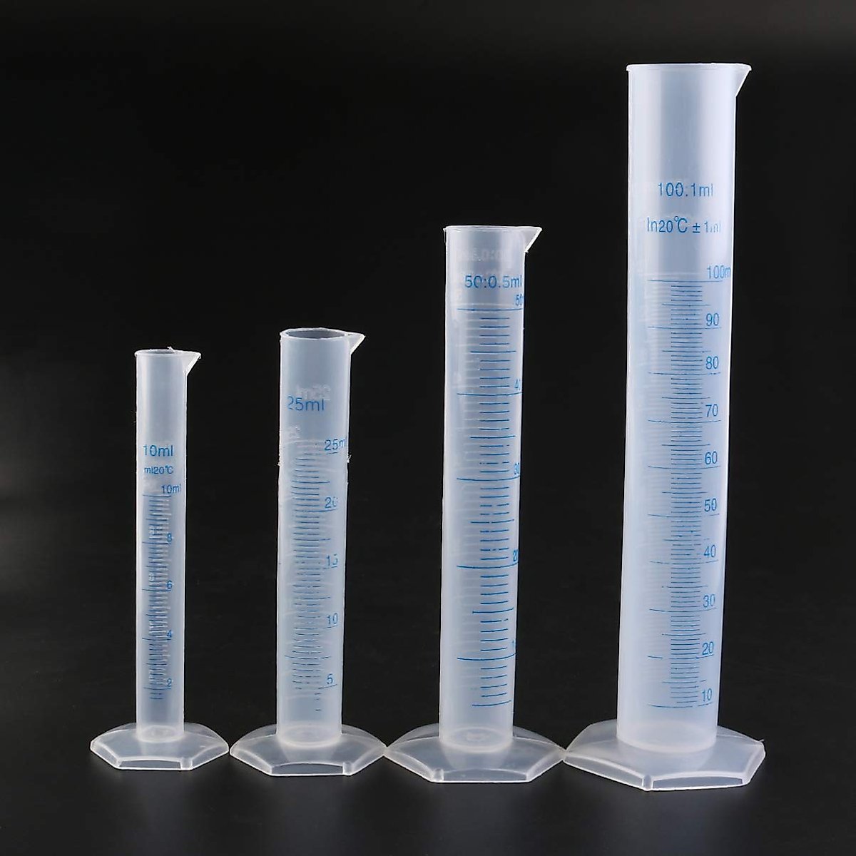 POPETPOP 4pcs 10ml / 25ml / / 100ml Measuring Plastic Graduated Cylinder Laboratory Bottle Lab Test Measuring Container Cups