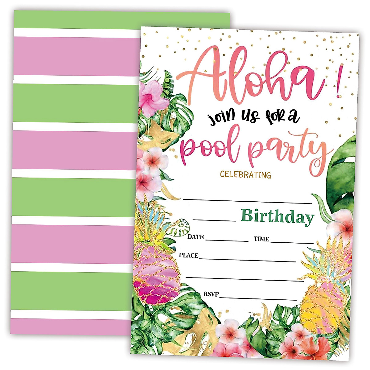 AWSICE Pool Party Birthday Invitations, Aloha Tropical Double-Sided Fill-In Invite Cards For Birthday Party, 20 Invitations With Envelopes, Decorations,Party Favor And Supply-A38