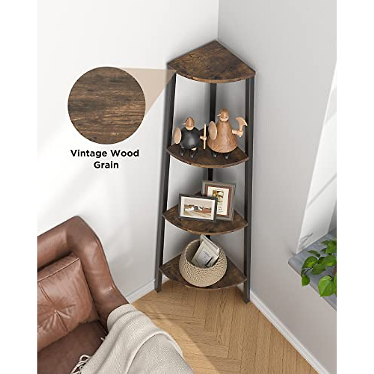 FURNINXS 4 Tier Corner Shelf Standing, Shelving Unit, Display Rack for Bedroom, Living Room, Office, Kitchen, Rustic Brown