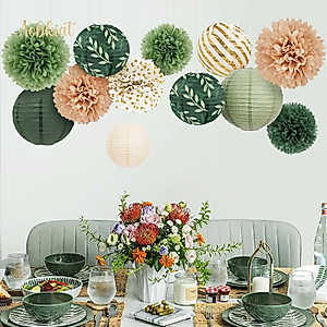 AOBKIAT Wedding Party Decorations Set,12PCS Olive Green Sage Paper Pom Poms Lanterns with Olive Leaf,for Engagement,Baby Shower,Bridal Shower,Boho Party