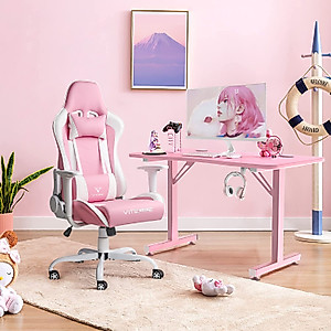 Vitesse Pink Gaming Desk 40 Inch Cute Kawaii Computer Table T Shaped Girl Gamer Workstation Home Office with Carbon Fiber Surface and Headphone Hook (Pink) 40*28*21.5