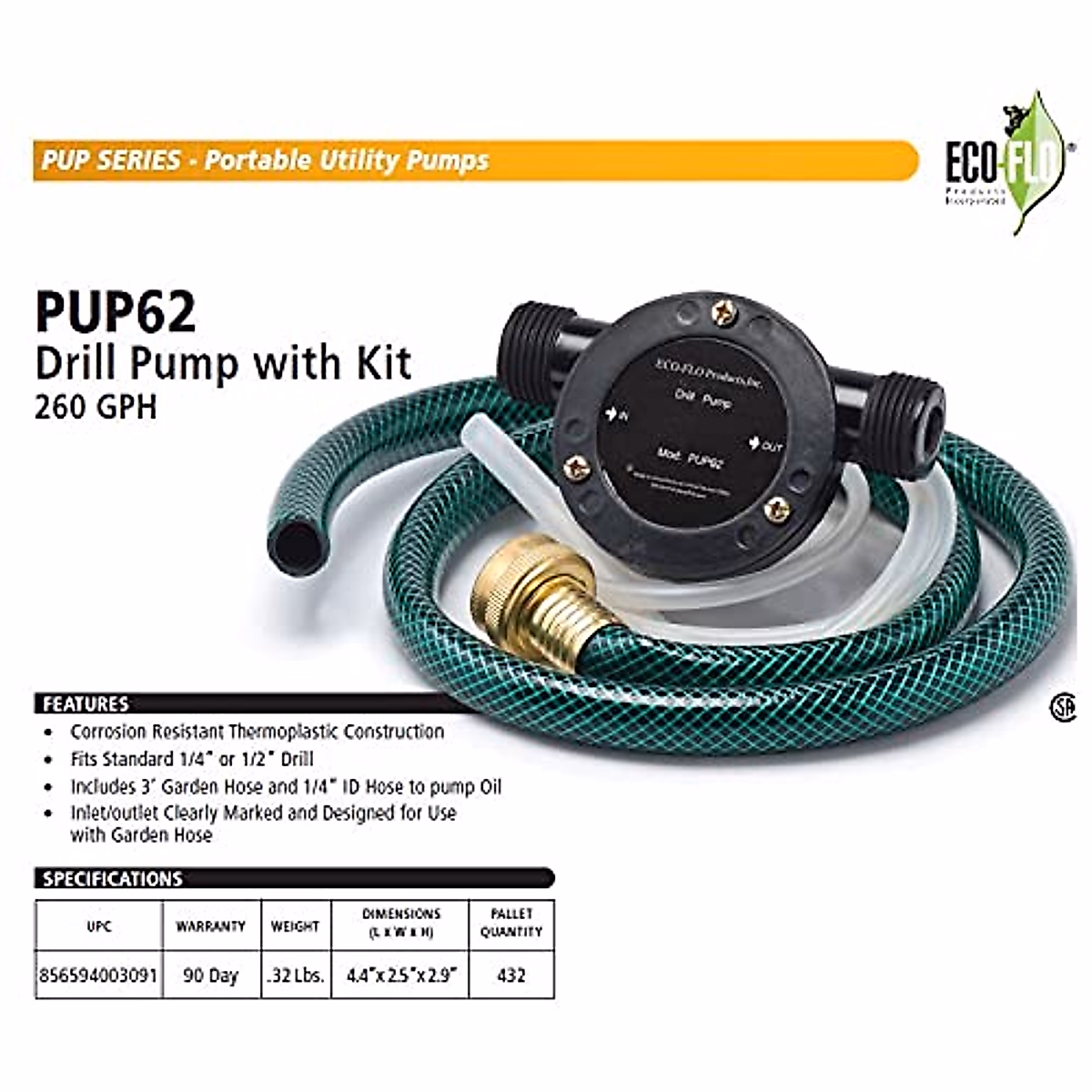 ECO-FLO Products PUP62 Water Transfer Drill Pump Kit, 300 GPH