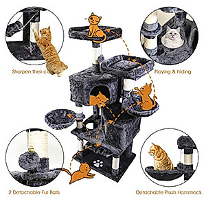 MQ Cat Tree Cat Tower 57in Multi-Level Cat Scratching Post with Condos, Basket, Hammock & Plush Perches for Kittens, Large Cats, Smoky Gray
