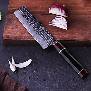 FINDKING 7 Inch Japanese Nakiri Knife with ABS sheath, Professional Vegetable Cleaver, Damascus Steel Blade, Resin Octagonal Handle, for Shredding, Slicing, Mincing (Eternity Series)