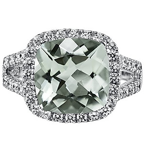 PEORA Green Amethyst Ring in Sterling Silver, Statement Halo Design, Cushion Cut, 4.75 Carats total, Comfort Fit, Size 7