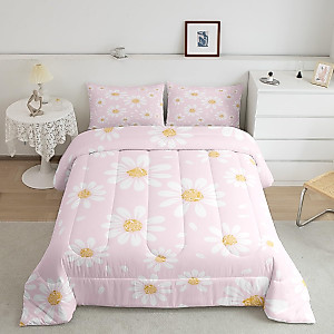Manfei White Daisy Kids Comforter Set Twin Size,Flowers Plants Rustic Farmhouse Bedding Set,Girls Boys Adults Room Decor,Botanical Florals Theme Down Comforter,Pink Romantic Duvet Insert,1 Pillowcase