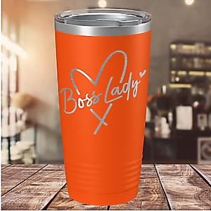 Boss Lady Big Heart Tumbler Birthday Gifts for Women, Coworker, Boss on Orange 20 oz Stainless Steel Insulated Cup with Lid - Travel Mug for Mom