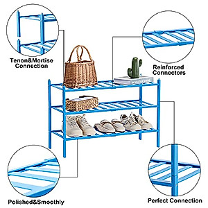 Quiqear Bamboo Shoe Rack, 3 Tier Shoe Rack Organizer, Stackable & Durable Shoe Shelf Holder, Free Standing Shoe Racks, Shoe Storage Organizer for Entryway, Closet, Hallway, 27.2*11*18.3inch (Blue)