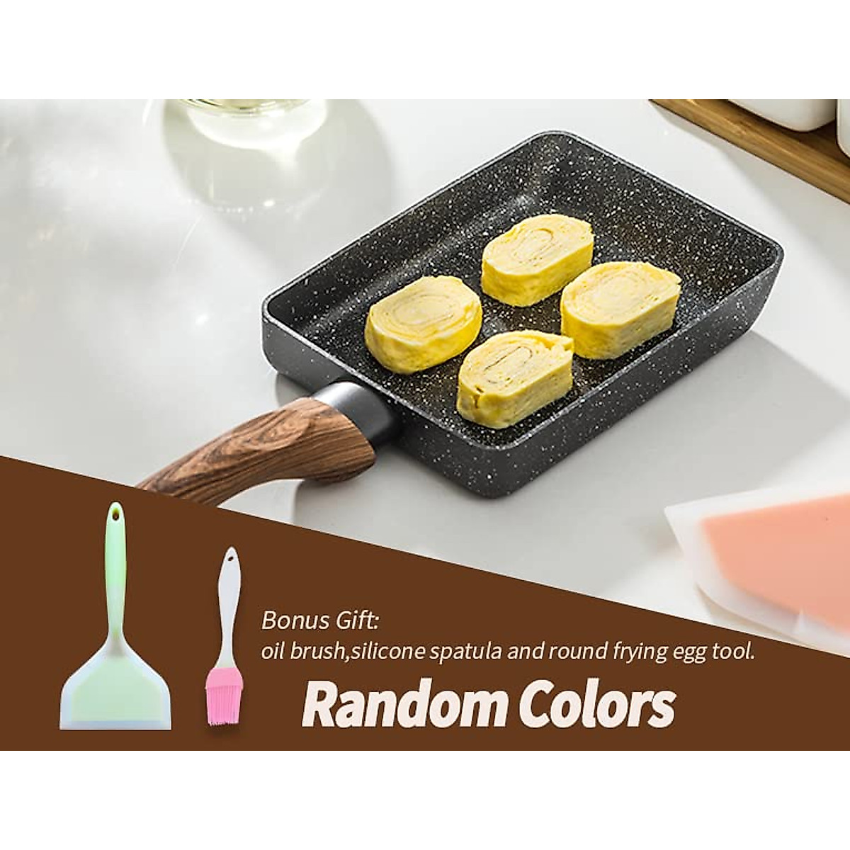 Tamagoyaki Pan Japanese Omelet Pan,Rectangle Maker Frying Pans,Japanese Tamagoyaki Pan with Silicone Brush & Spetula, Egg Pan, Gas Stove and Induction Hob, 7” x 5”,Black