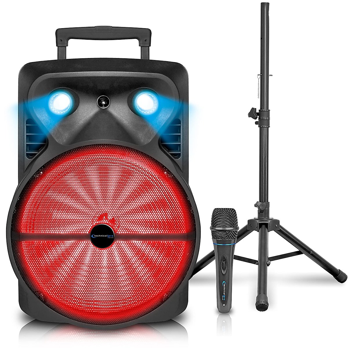 1600 Watts Bluetooth Speaker with Tripod, Wired Microphone & Remote Control | Rechargeable 15" Two Way Bluetooth DJ Light Speaker Package with USB SD Card inputs by Technical Pro