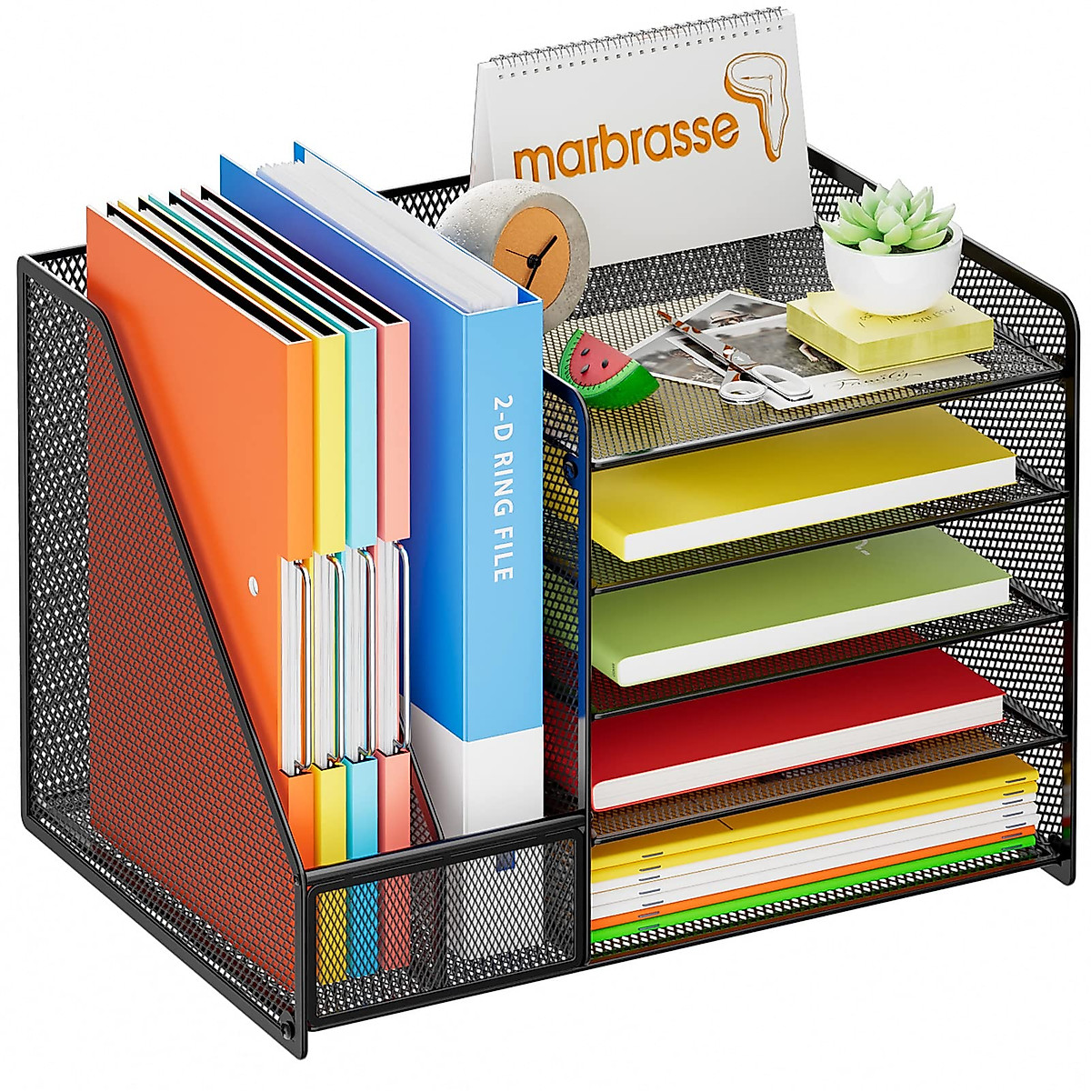 Marbrasse Desk Organizer with File Holder, 5-Tier Paper Letter Tray Organizer, Mesh Desk Organizers and Accessories with Magazine Holder, Desktop Organizer and Storage for Office Supplies (Black)