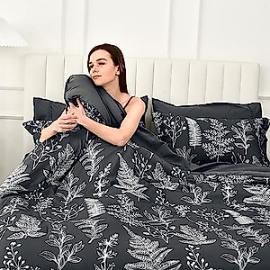 PHF Soft Printed Comforter Sets California King-7 PCS Bed in A Bag Comforter & Sheet Set-Botanical Cozy Bedding Set Include Comforter, Pillow Shams, Flat Sheet, Fitted Sheet and Pillowcase, Black