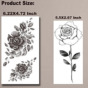 Tazimi 10 Sheets 3D Black Flower Rose Temporary Tattoos For Women, Waterproof Fake Body Art Arm Sketch Tattoo Stickers For Women Girls
