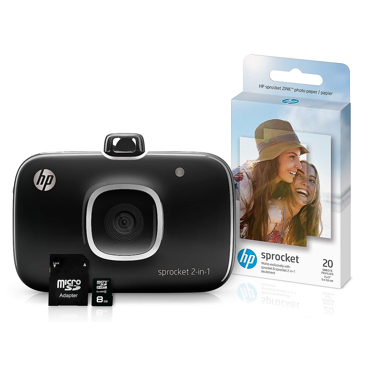 HP 5MS96A Sprocket 2-in-1 Portable Photo Printer & Instant Camera Bundle with 8GB Micro SD Card and Zink Photo Paper, Black (Pack of 3)