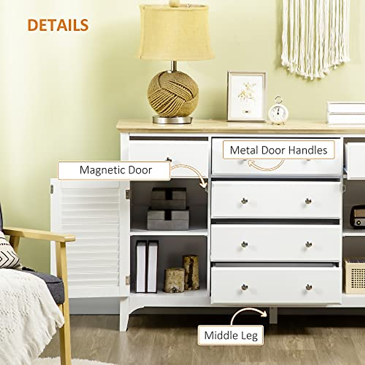 HOMCOM Modern Sideboard with Drawers, Buffet Cabinet with Storage Cabinets, Rubberwood Top and Adjustable Shelves for Living Room, Kitchen, TV Stand up to 60 Inches, White