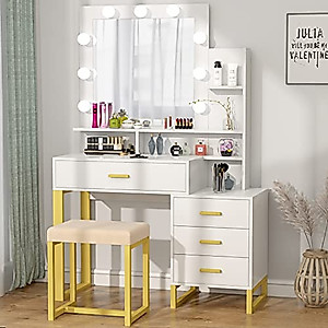 PAKASEPT Vanity Set with Lighted Mirror, Makeup Vanity Dressing Table with LED Light, Drawers, Storage Shelves and Cushioned Stool, Small Vanity Desk for Bedroomy,39.4"L x 15.7"W x 63"H