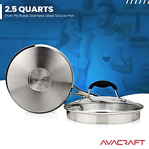 AVACRAFT Stainless Steel Saucepan with Glass Strainer Lid, Two Side Spouts for Easy Pour with Ergonomic Handle, Multipurpose Sauce Pot (Tri-Ply Capsule Bottom, 2.5 Quart)