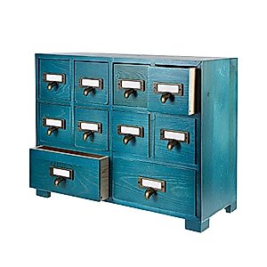 PACKGILO Vintage Medicine Cabinet Wood Chinese Apothecary Cabinet with Drawers & Labels Rustic Library Card Catalog Cabinet Desktop Medicine Cabinet Organizer Herbal、Tea Bag、Jewelry Storage(Blue)