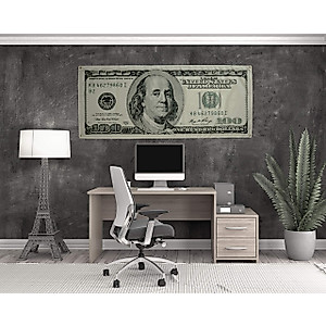 Motivational 100 Dollar Bill Large Life Size Money Flag Backdrop -Man Cave Wall Decorations Benjamin Franklin Dorm Bedroom Accessories - Frat House Living Room Flag 2X5 Cool Flag for Guys Home Office