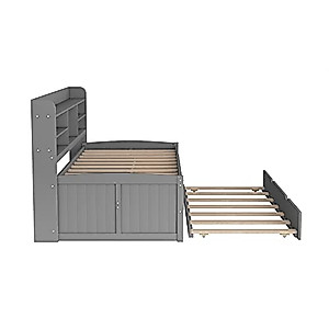 SOFTSEA Twin Size Daybed with Bookcase Headboard, Twin Captains Bed with Trundle and Storage Drawers, Wood Captains Bed with Slats Support for Kids Guests, Gray