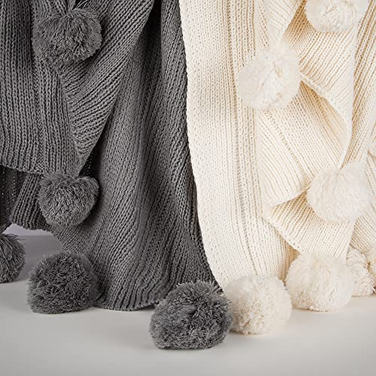 Best Home Fashion Knitted Pom Throw - Ivory - 50" W x 60" L - (1 Throw)