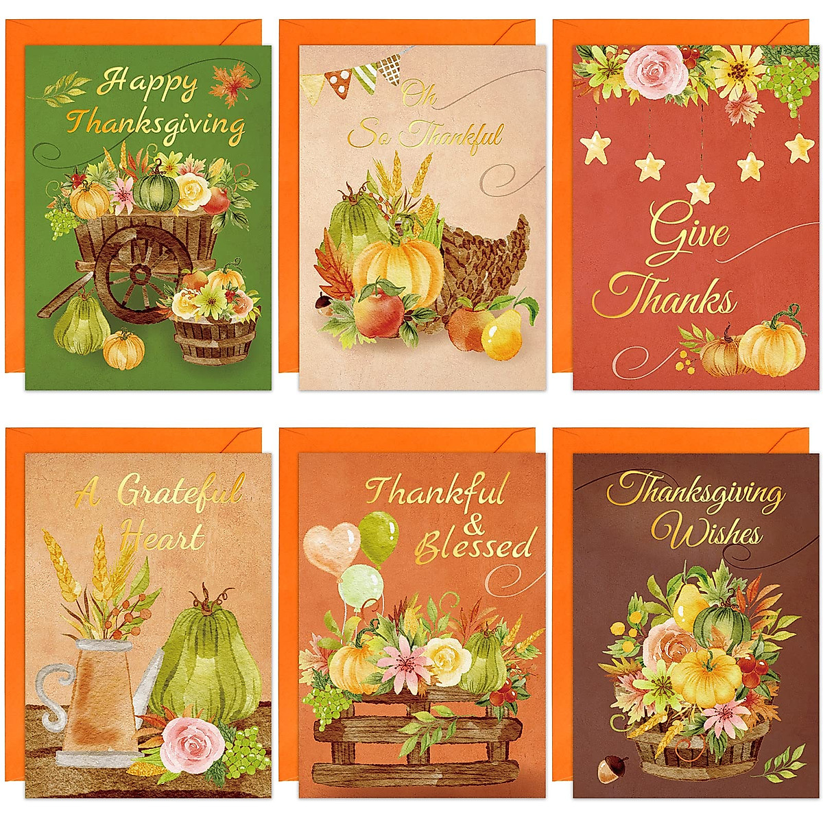 WorldBazaar Gold Foil Thanksgiving Cards with Envelopes 24PCS Happy Harvest Thanks Cards Fall Autumn Thanksgiving Party Supplies