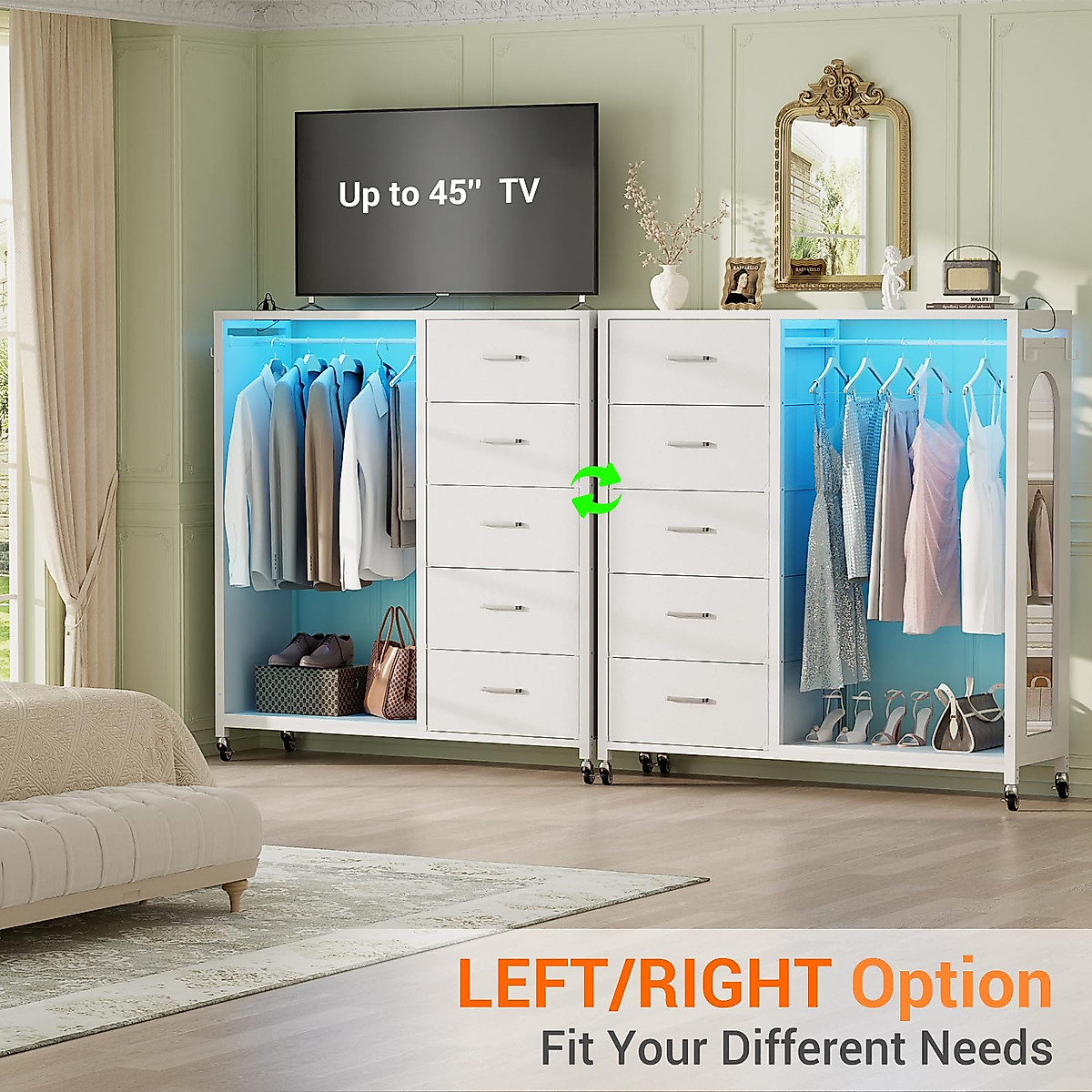 Cyclysio Dresser for Bedroom with Clothes Rack & Mirror, White 5 Drawers Dresser with Charging Station & LED Lights, Rolling Chest of Drawers with Wheels, Full Length Mirror, Wooden Top,Bedroom,Closet