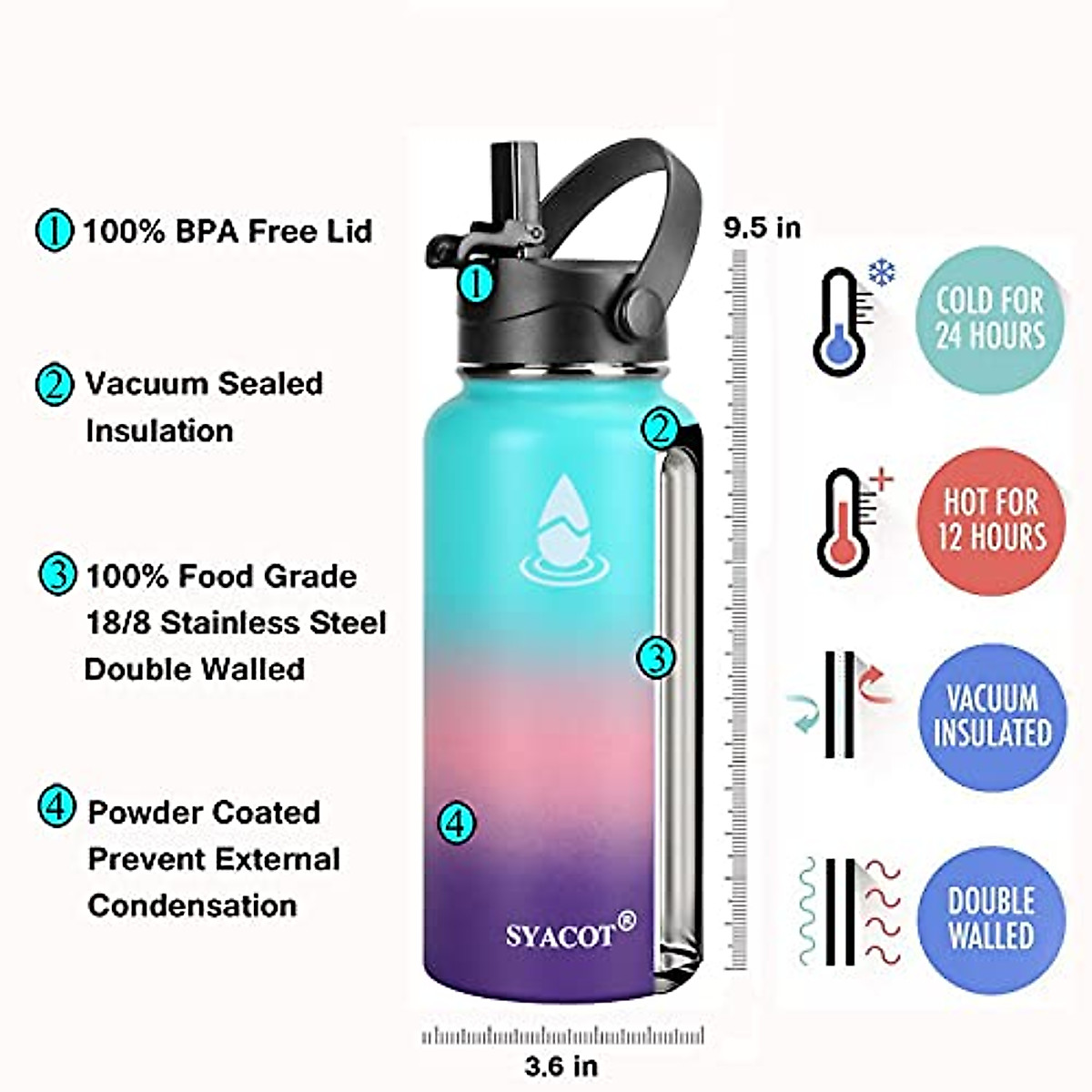 SYACOT 32 oz Stainless Steel Water Bottle, Insulated Double Wall Vacuum Leak Proof Water Flask, Metal Thermo Canteen Mug —Wide Mouth with 2 Straw Lids and spout lid