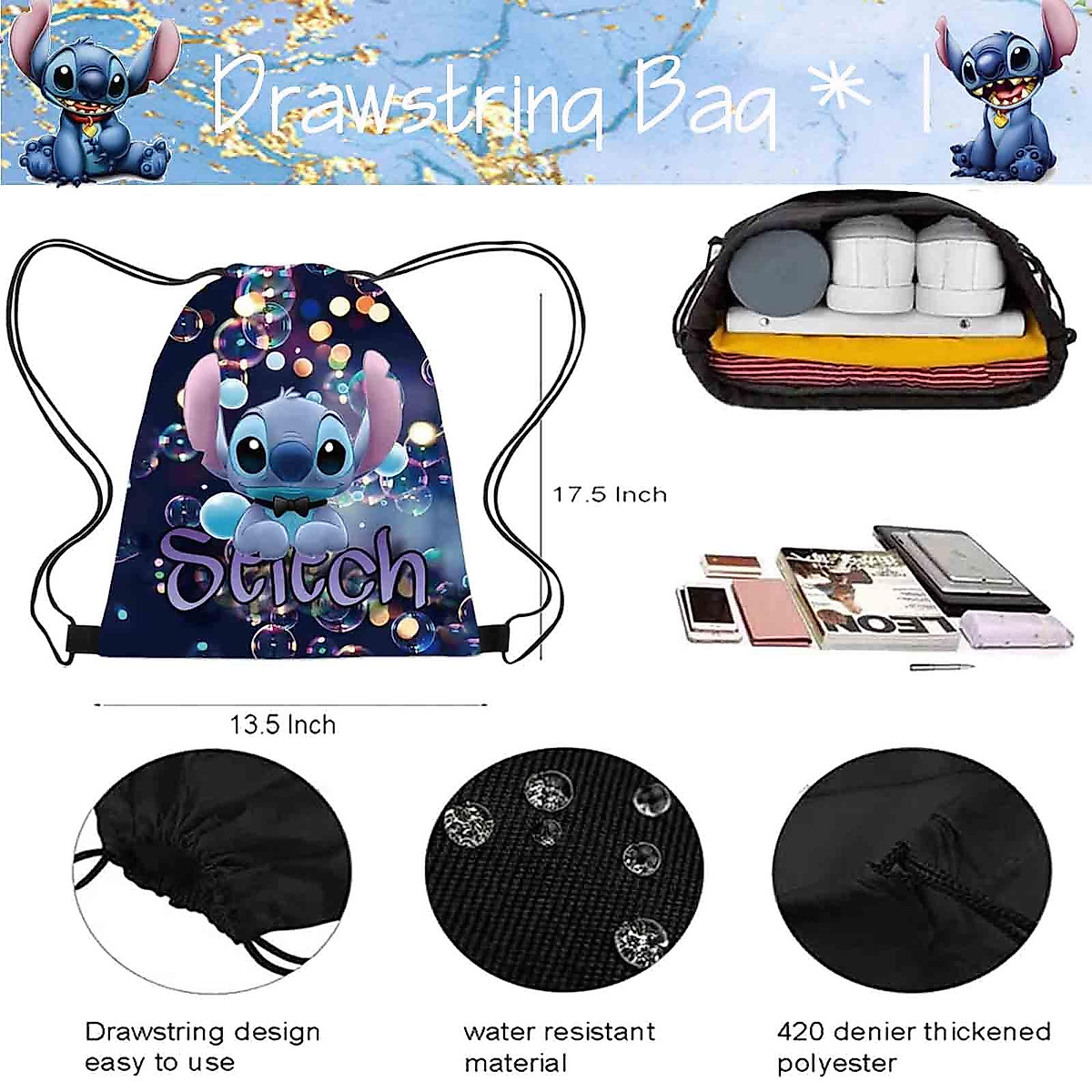 EMISOO Merchandise Stuff Gift Set, Stitch Anime Drawstring Bag, Keychain, Keychain Lanyard, Purse, Bracelets, Sticker, Button Pins (Black A)