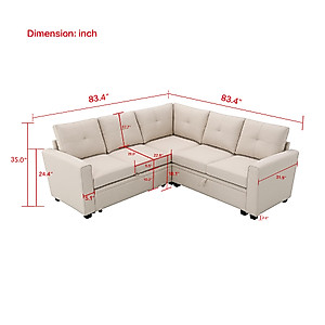 LULUTONG Modular Sectional Sleeper Sofa Bed, Sectional Couch with Pullout Bed Modular Couch with Storage 2 Seater Multi-Functional Suite for Living Room (Beige, L-Shape)