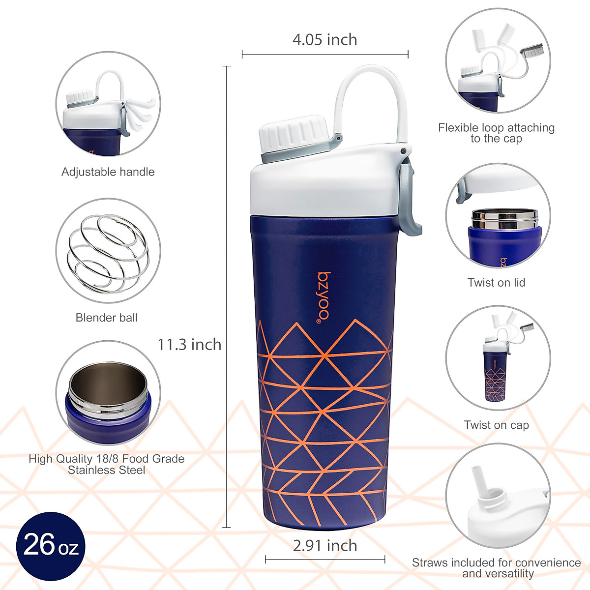 bzyoo 26oz Double-Walled Stainless Steel Insulated Tumbler with Straw Leak Proof Ideal for Smoothies, Ice Tea or Coffee Includes Mixer Ball BPA Free - Spidy Blue