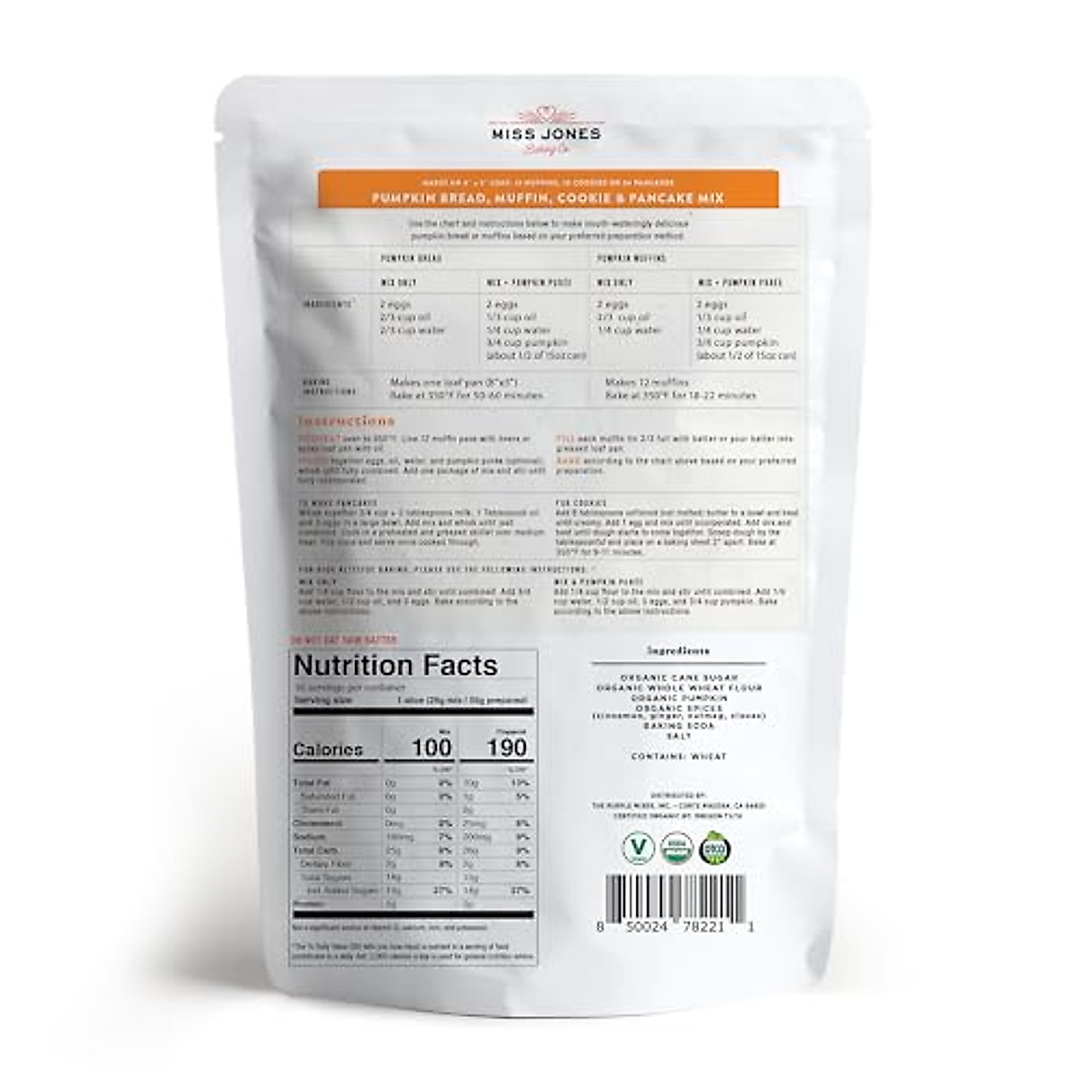 Miss Jones Baking Organic Pumpkin Bread, Muffin, Cookie & Pancake Mix, Vegan-Friendly, Dairy and Soy-Free, 100% Whole Grain (Pack of 1)