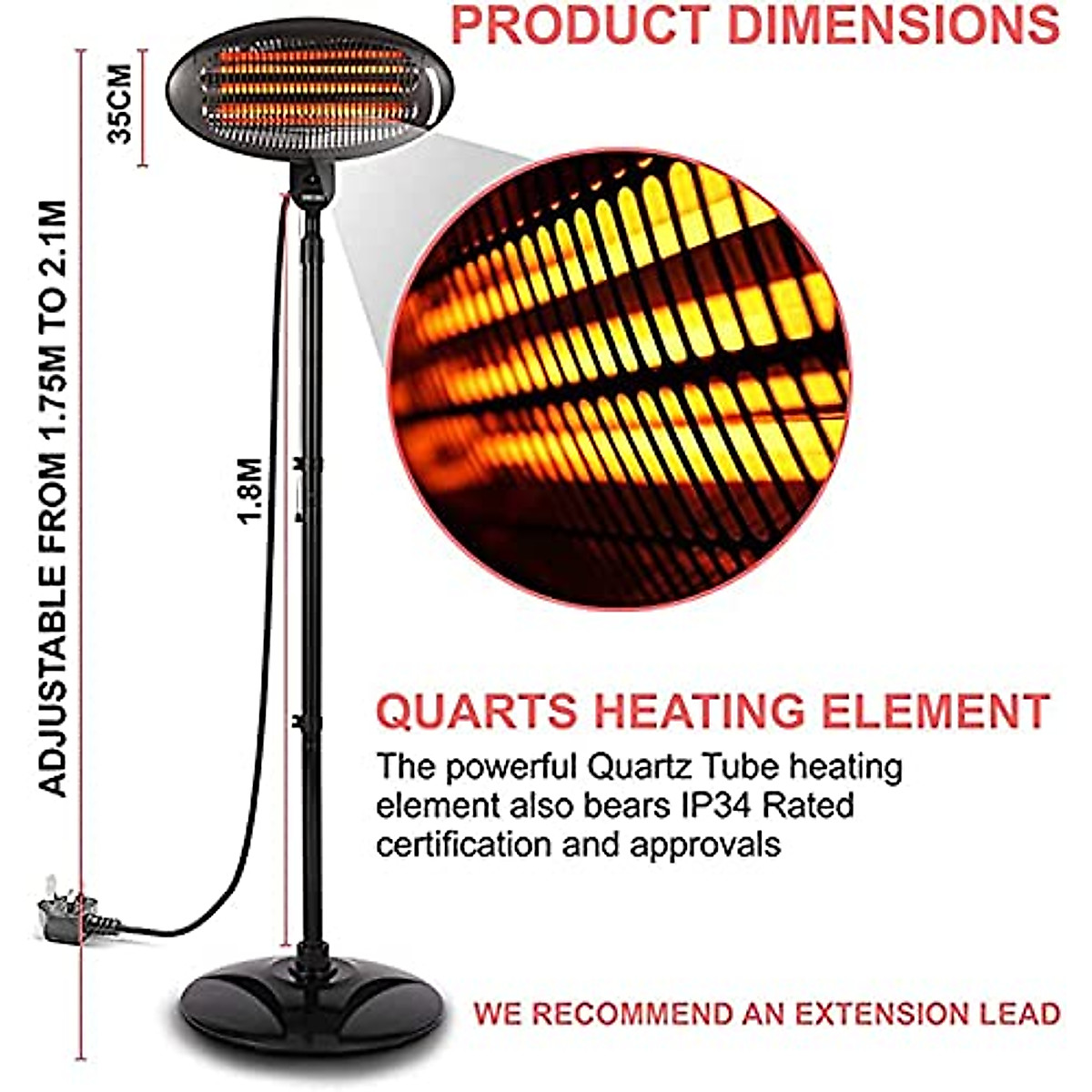 NaoSIn-Ni Electric Garden Patio Heater,Outdoor Freestanding Infrared Halogen Heaters 3 Power Levels Adjustment and IP34 Waterproof Anti-Rollover Protection