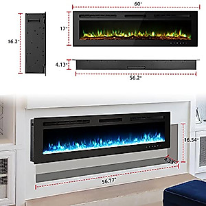 60 Inch Electric Fireplace Insert, Wall-Mounted, Remote Control, Linear Design, 750/1500W.