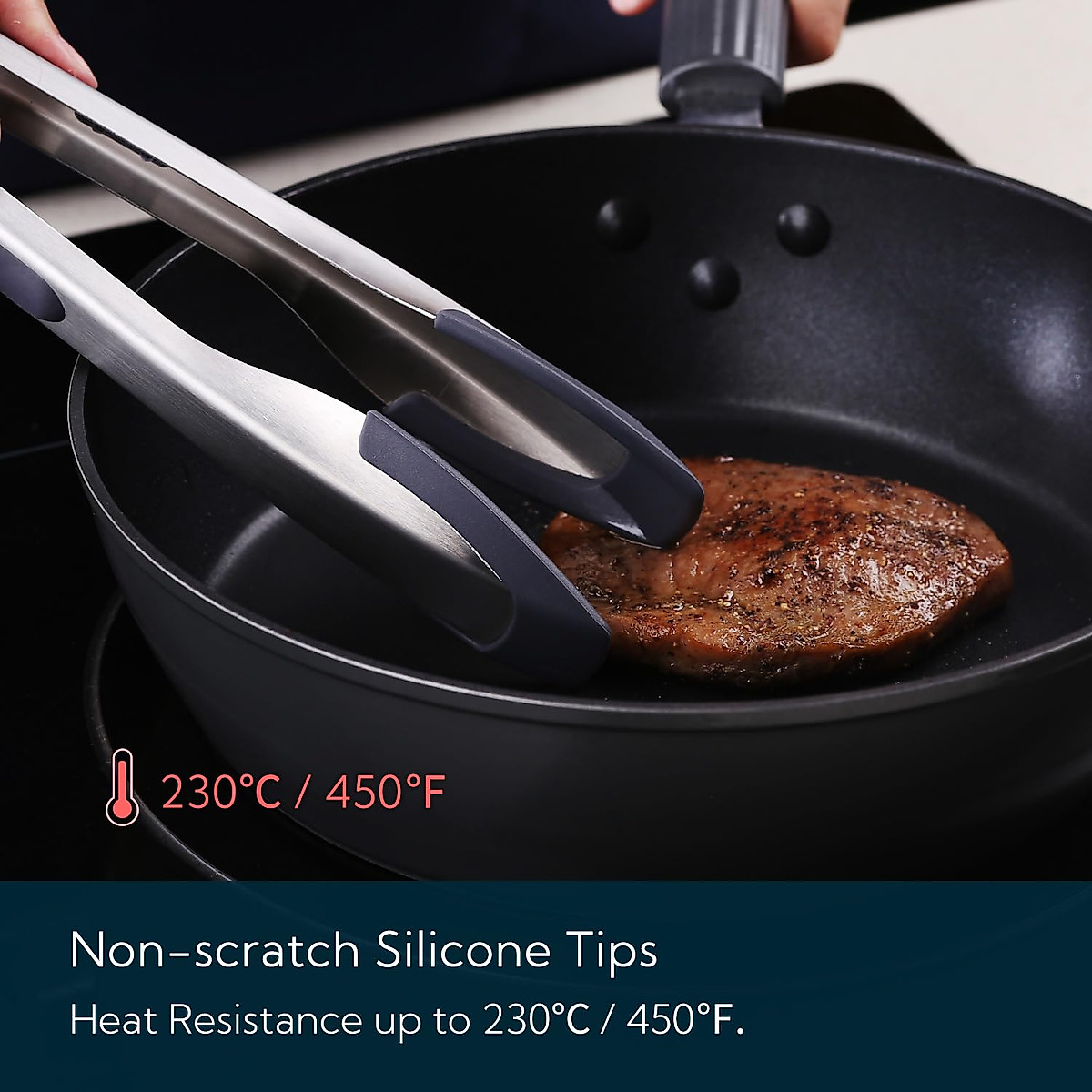 KITCHENDAO Tongs for Cooking with Silicone Tips 12 Inch, One-handed for Convenience, Soft-touch Handle, Silicone Tipped Stainless Steel Kitchen Food Grill BBQ Tongs for Non-stick Cookware Air Fryer