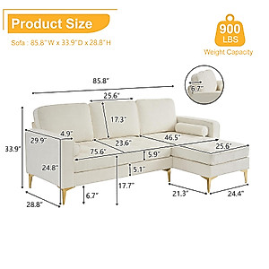 Karl home L-Shape Sectional Sofa Chenille Fabric Sofa Couch Living Room Futon Couch with Reversible Chaise, Lattice Decored Seat Cushion, Creamy-White
