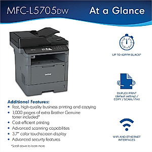 Brother MFC-L5705DW Business Monochrome Laser All-in-One Printer, Duplex Printing, Scan and Copy, 1200 x 1200 dpi, 42ppm, 256MB, Bundle with JAWFOAL Printer Cable