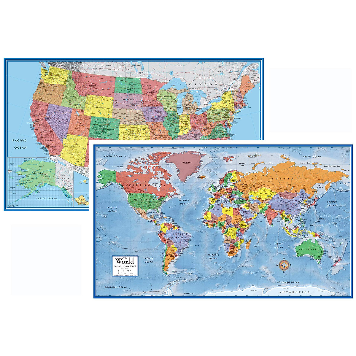 24x36 World and USA Classic Premier 3D Two Wall Map Set (Laminated)