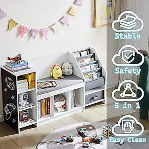 GABHX Montessori Kids Reading Nook with Sling Bookshelf, Toy Organizer with Bench and Black Board, 5 in 1 Kids Bookcases for Nursery or Children's Room