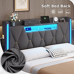 BYSAUD King Size Storage Bed Frame with Hidden Space and 2-Tier Shelves,King Bed Frame with Heaboard,King Size Bed Frame with LED Lights,Charging Station,No Box Spring Needed,Dark Gray,Linen Cloth